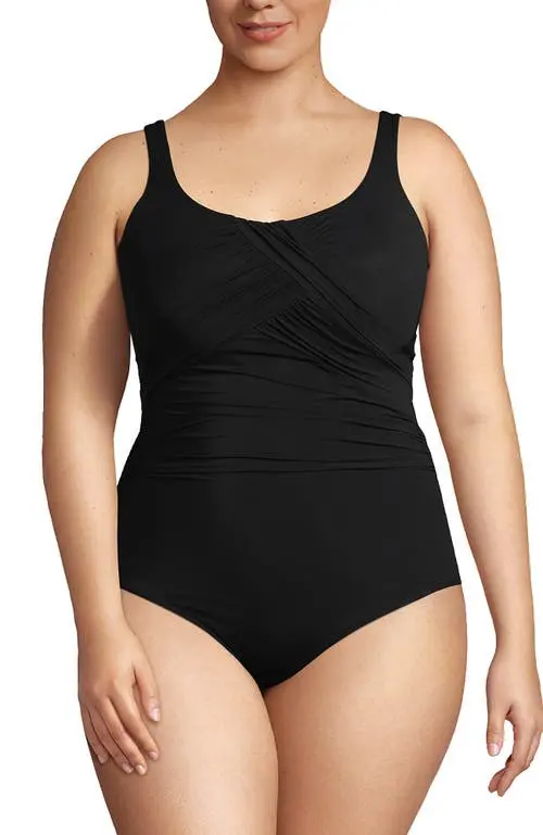 LANDS' END One-piece Swimsuit With Draped Overlay And Shirring - Black