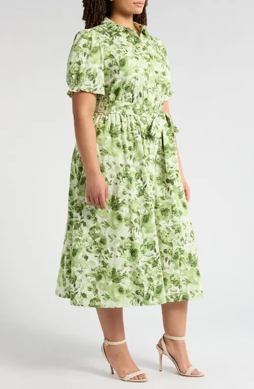 Anne Klein Floral Cotton Shirtdress With Puff Sleeves In Meadow Green Multi  - 40% Off | Editorialist