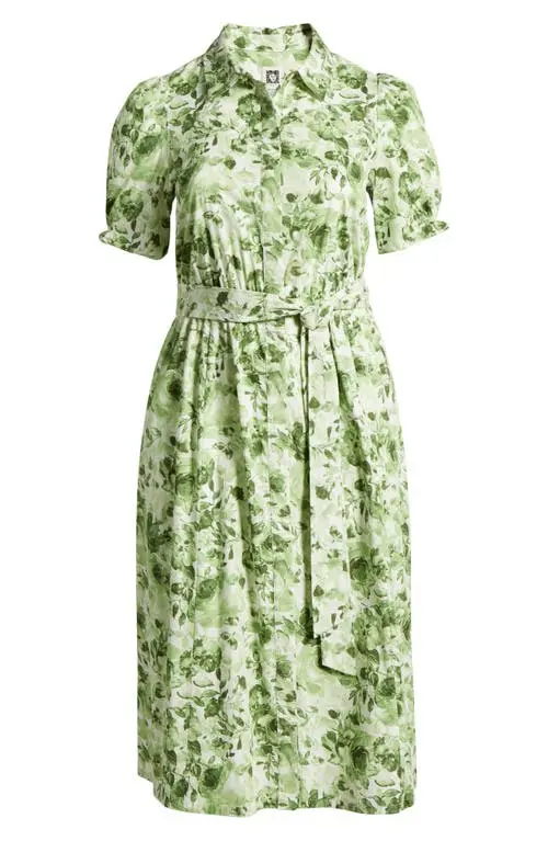 Anne Klein Floral Cotton Shirtdress With Puff Sleeves In Meadow Green Multi  - 40% Off | Editorialist