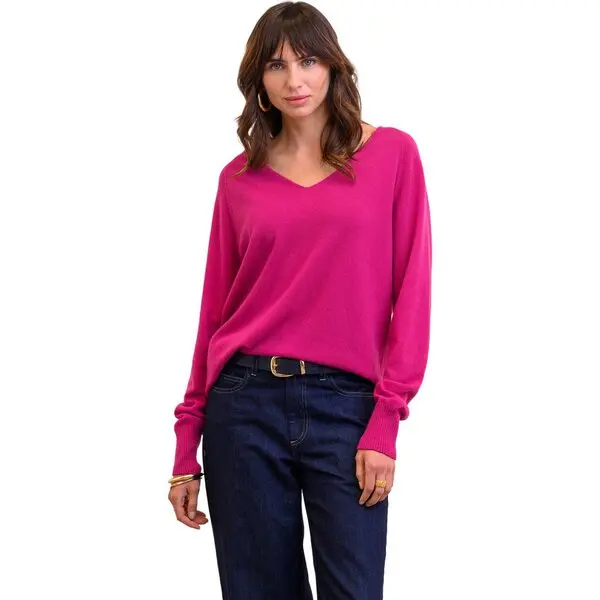 CELTIC & CO. Geelong Wool Slouch V-neck Sweater - Raspberry