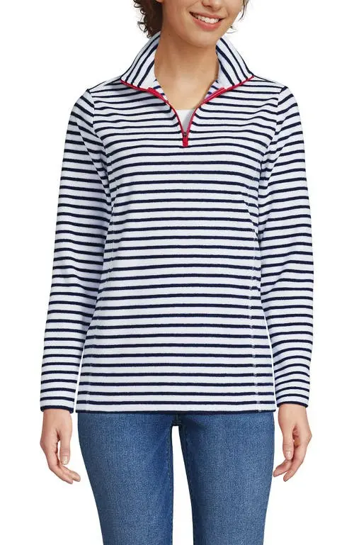 LANDS' END Fleece Quarter-zip Pullover - Crisp White/navy Stripe/red
