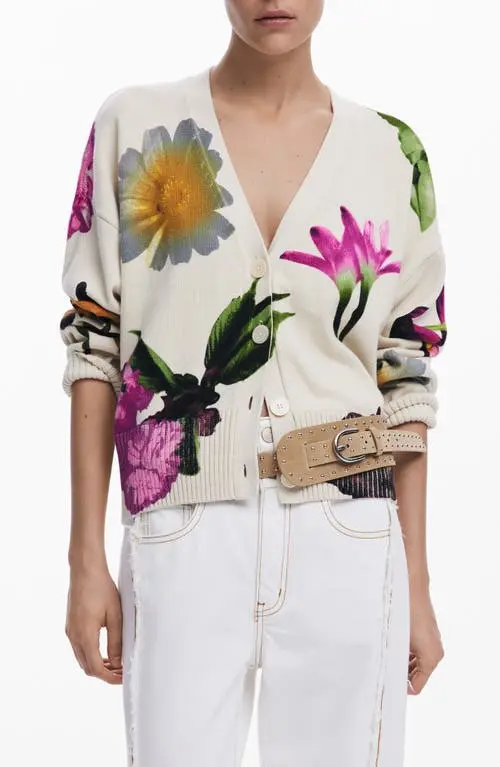 Desigual Floral Print Knit Cardigan - Light Beige