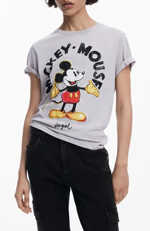 Desigual Mickey Mouse Striped Graphic T-shirt - Neutral Gray