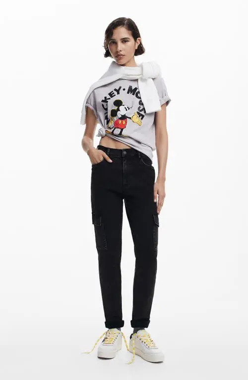 Desigual Mickey Mouse Striped Graphic T-shirt - Neutral Gray