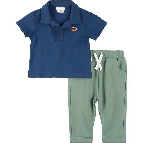 PETIT LEM Cotton Polo And Drawstring Pants Set - Dark Blue