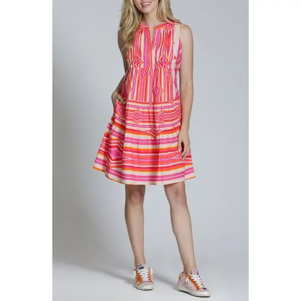 APNY Pintuck Sleeveless Cotton Dress - Pink Orange Multi