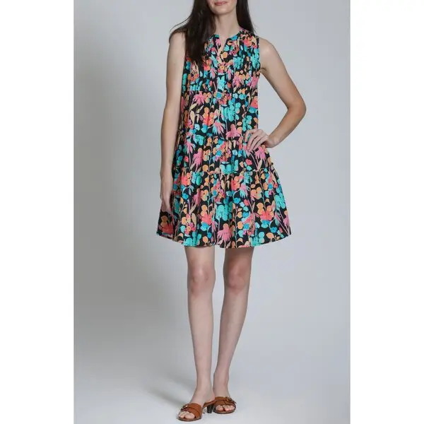 APNY Pintuck Sleeveless Cotton Dress - Pink Turquoise Multi