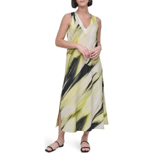 Dkny Print Paneled Linen Maxi Dress