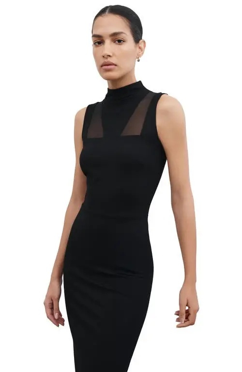 MARCELLA Amelia Ponte & Mesh Funnel Neck Midi Dress