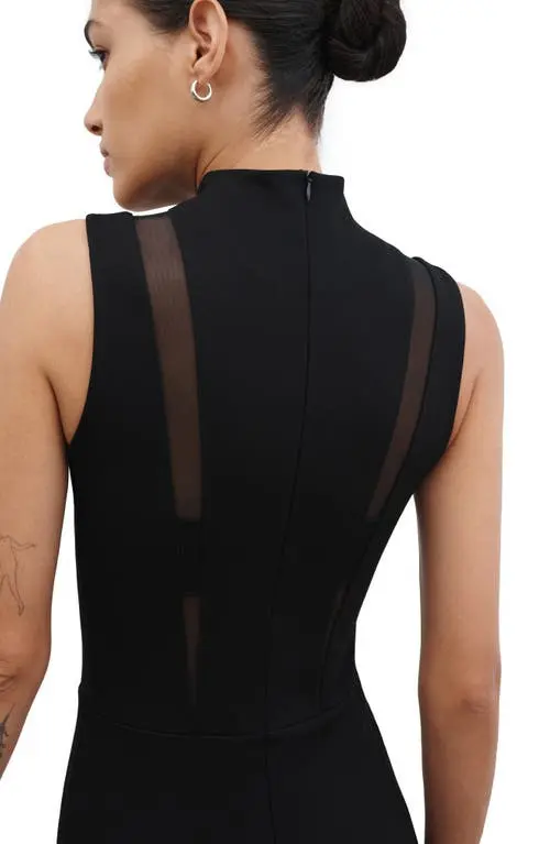 MARCELLA Amelia Ponte & Mesh Funnel Neck Midi Dress