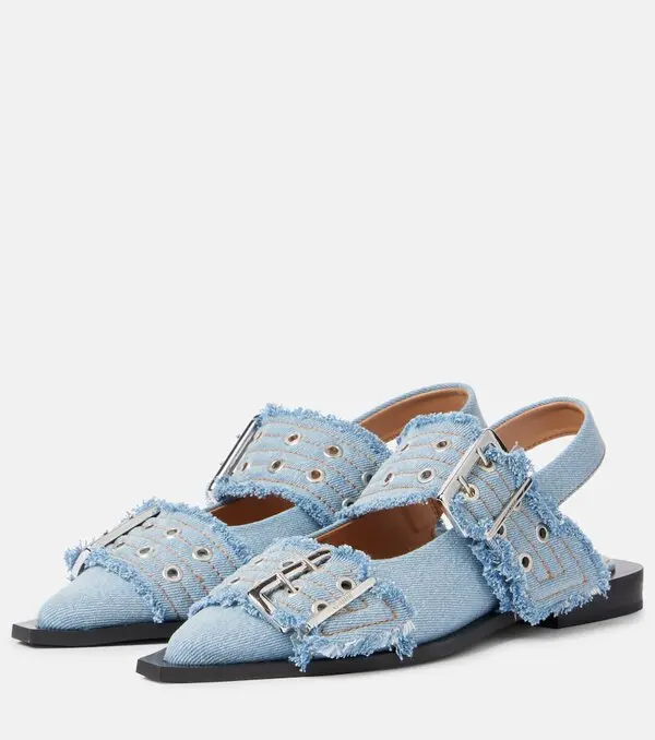 GANNI Buckle Denim Ballet Flats - Blue