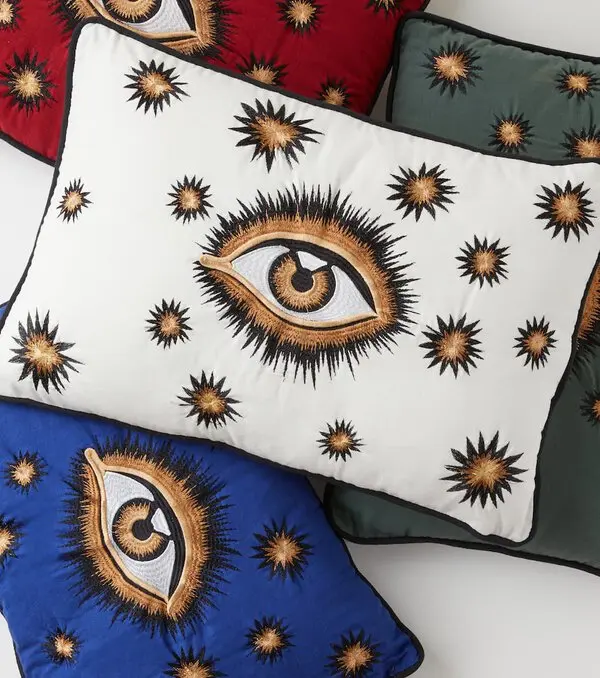 LES-OTTOMANS Eye Embroidered Cotton Cushion - White