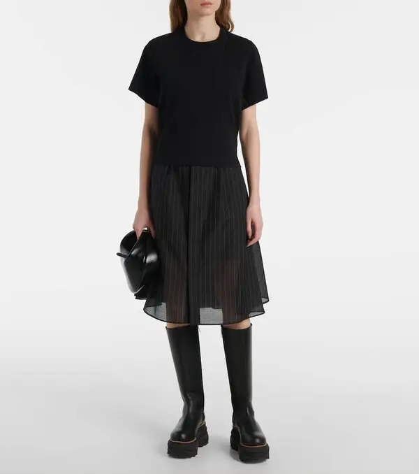Sacai Cotton Jersey And Organza Mini Dress - Black