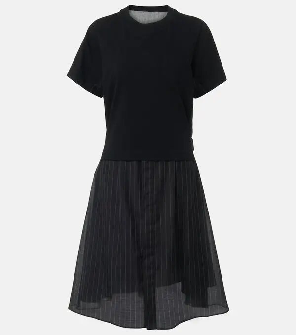 Sacai Cotton Jersey And Organza Mini Dress - Black