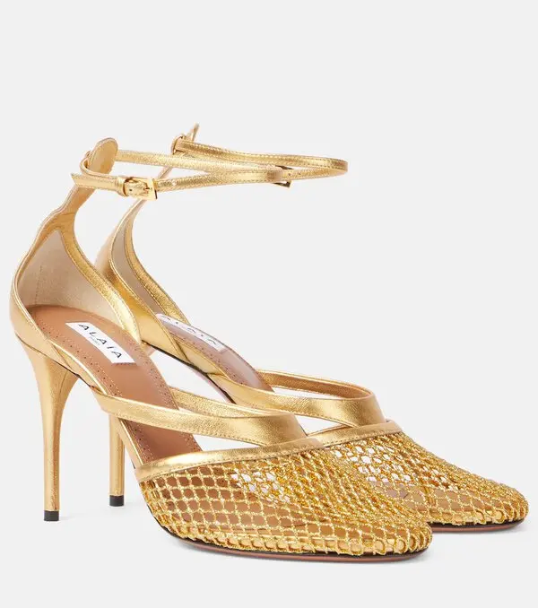 Alaïa Infradito Fishnet 90 Leather Pumps - Gold