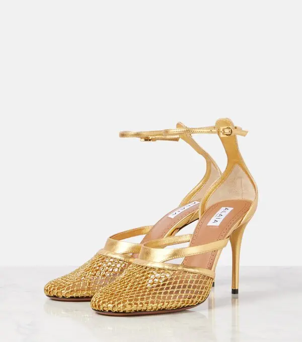 Alaïa Infradito Fishnet 90 Leather Pumps - Gold
