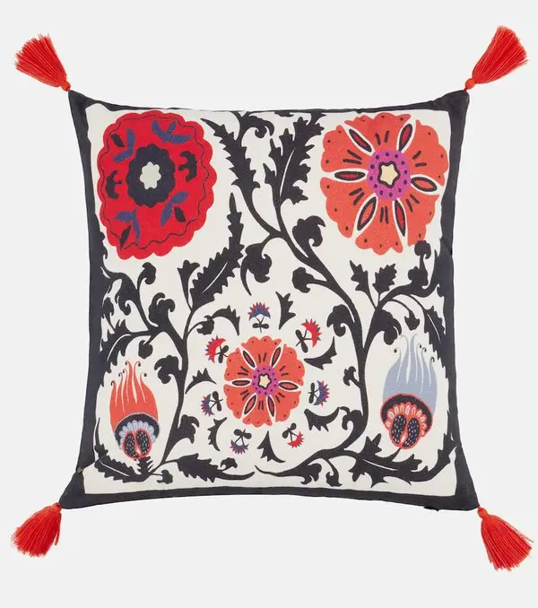 LES-OTTOMANS Flowers Printed Velvet Cushion - Multicoloured