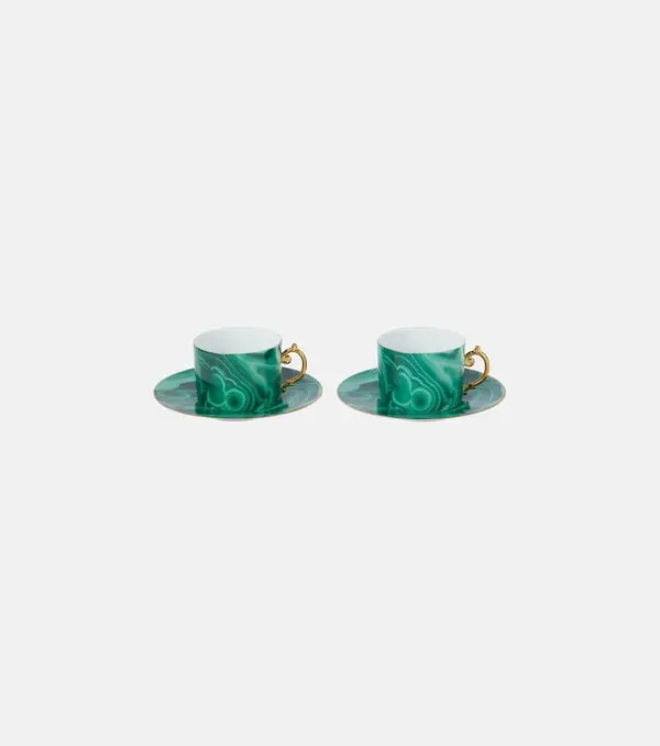 L'Objet Malachite Set Of 2 Teacups And Saucers - Green
