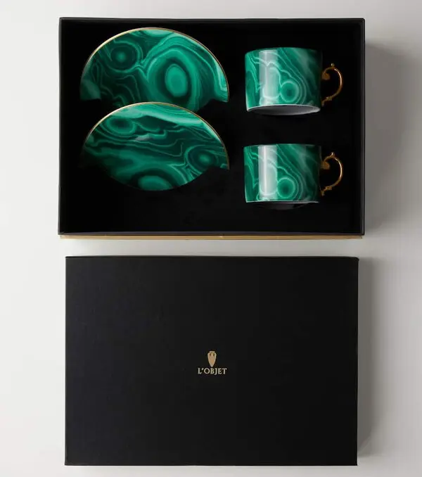L'Objet Malachite Set Of 2 Teacups And Saucers - Green