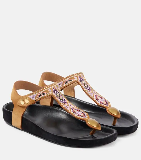 Isabel Marant Enore Embroidered Suede Sandals - Brown