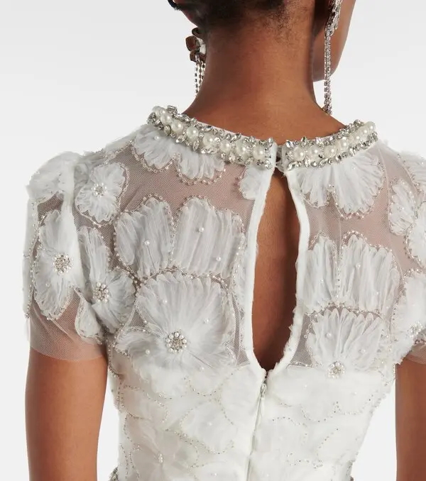 self portrait beaded tulle mini dress Fit and Flare Lace Crystals Necklace Wedding Dresses Open Back Bridal Gowns  with Feather – Ballbella