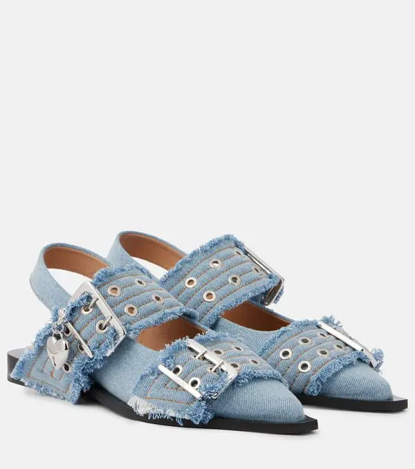 GANNI Feminine Buckle Denim Ballet Flats - Blue