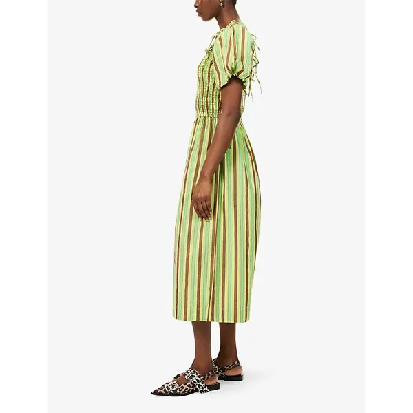 Damson Madder Becca Striped Cotton-Poplin Midi Dress - Lime | Editorialist