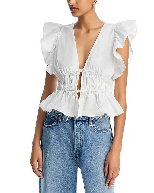 Aqua Ruffle Poplin Top - White