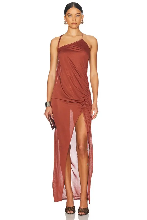 Blumarine Ruched Long Dress In Sequoia - 45% Off | Editorialist