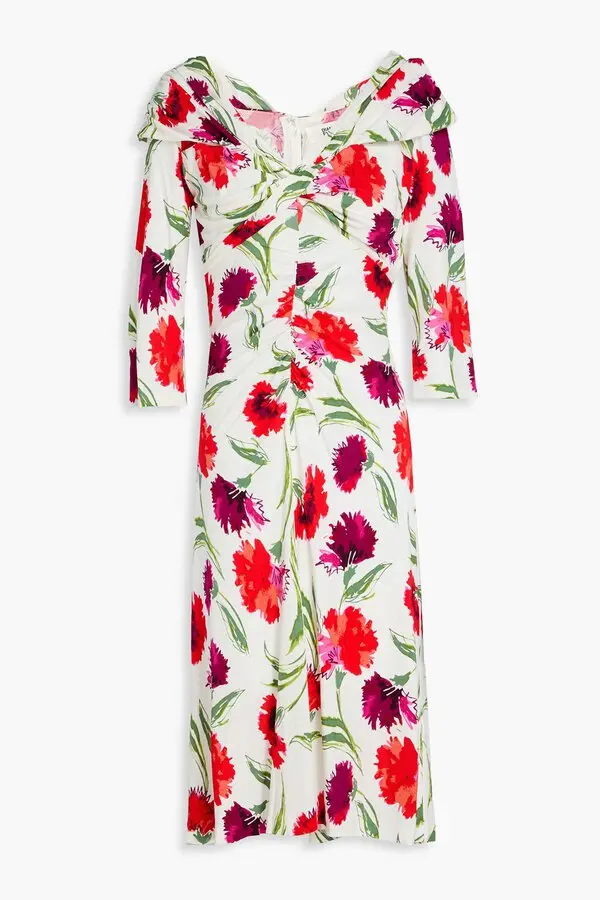 Diane Von Furstenberg Jim Ruched Floral-print Jersey Dress - White