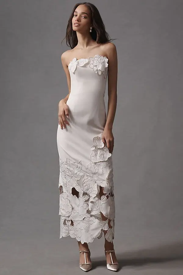 Leo Lin Rayne Strapless Appliqué Midi Dress Ivory Editorialist