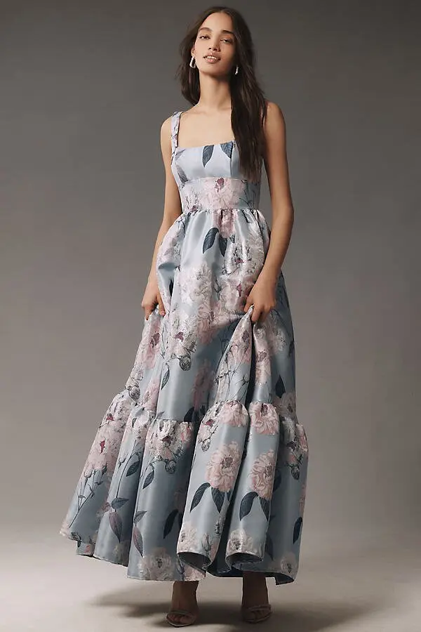Mac Duggal Floral Printed Satin Maxi Dress In Blue 30% Off