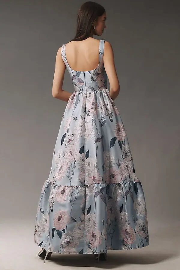 mac duggal square-neck floral printed satin maxi dress Mac Duggal Women's Floral Embroidered Sleeveless Bustier Gown - Green - Size 10