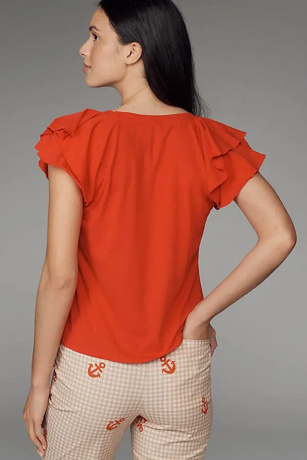 Maeve Scoop-neck Flounce-sleeve Tee - Bright Red