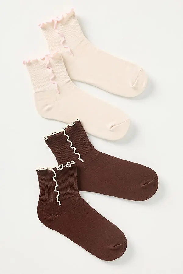 Anthropologie Ruffle Cuff Socks Set Of 2 - Brown/cream