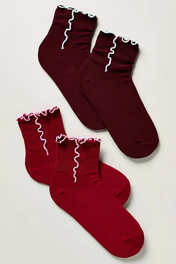 Anthropologie Ruffle Cuff Socks Set Of 2 - Burgundy/red