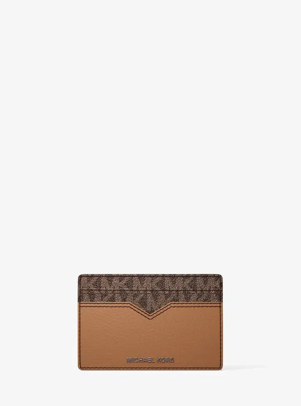 Michael Kors Hudson Pebbled Leather And Signature Logo Money Clip Card Case In By - Brown