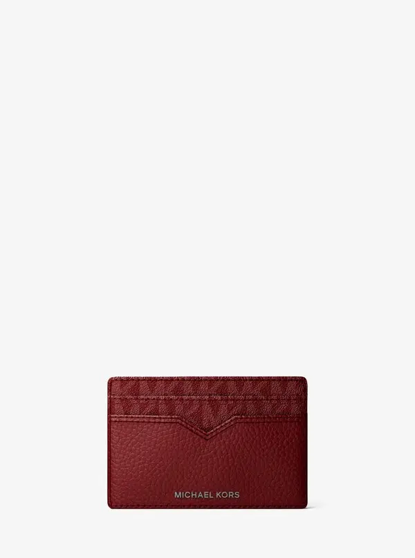 Michael Kors Hudson Pebbled Leather And Signature Logo Money Clip Card Case In By - Red