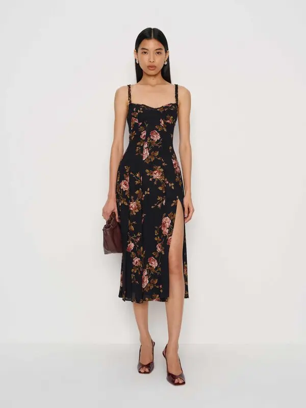 REFORMATION Katara Floral Print Sleeveless Sweetheart Neck Midi Dress - Black