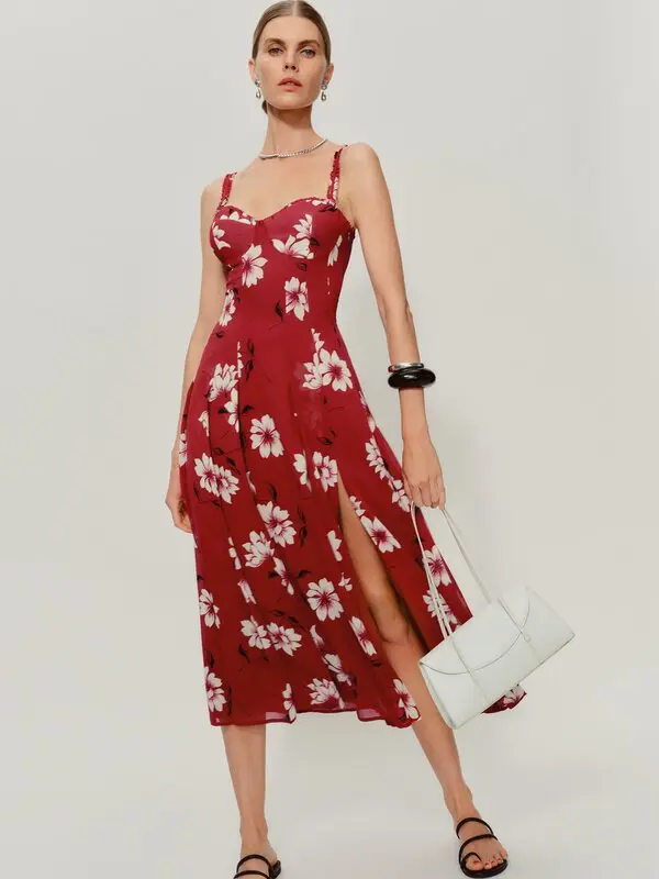 REFORMATION Katara Floral Print Sleeveless Sweetheart Neck Midi Dress - Red