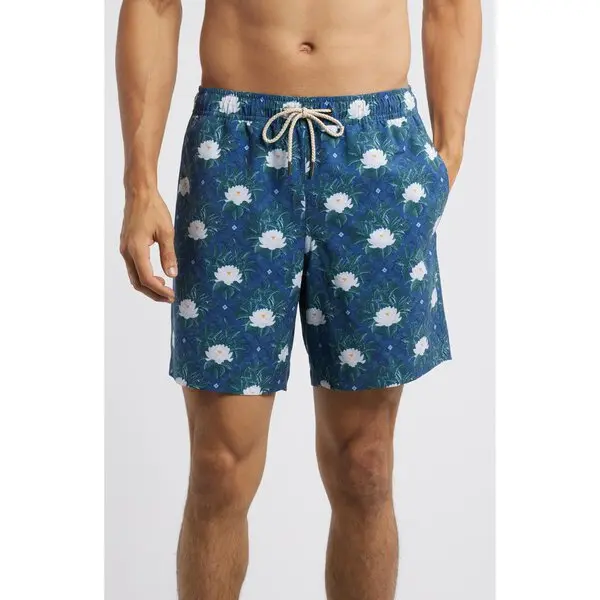 FAIR HARBOR Bayberry Floral Swim Trunks - Navy White Lotus Wl