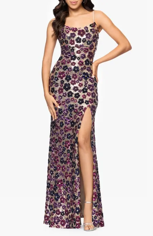 Betsy & Adam Floral Sequin Gown