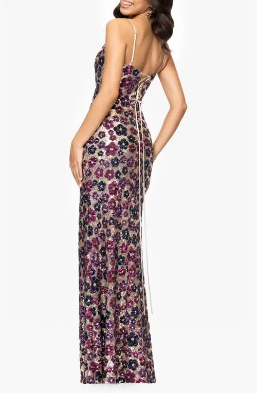 Betsy & Adam Floral Sequin Gown