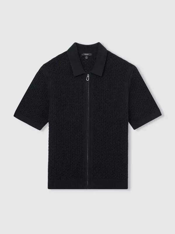 REISS Comet Textured-knit Zip-through Shirt - Navy