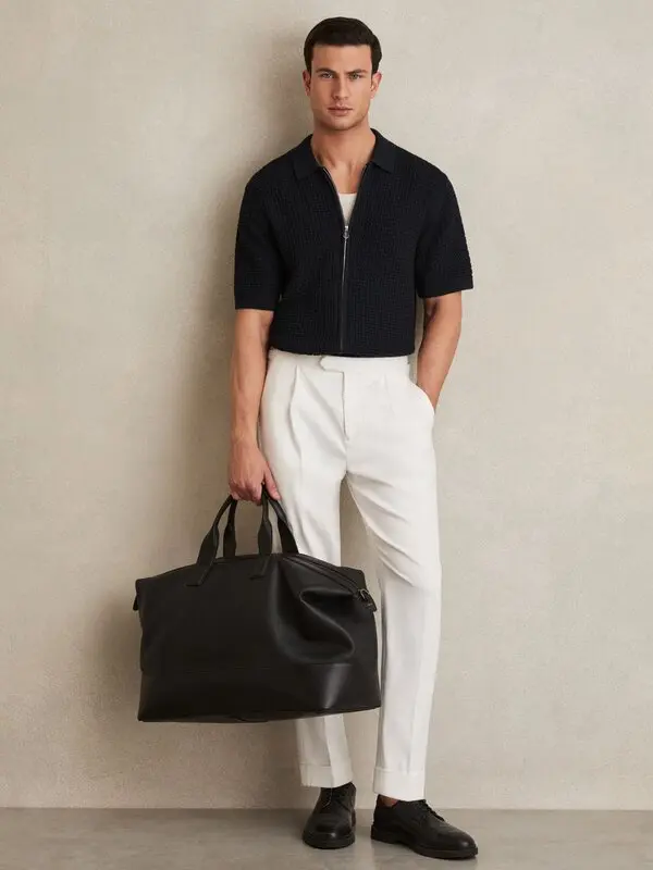 REISS Comet Textured-knit Zip-through Shirt - Navy