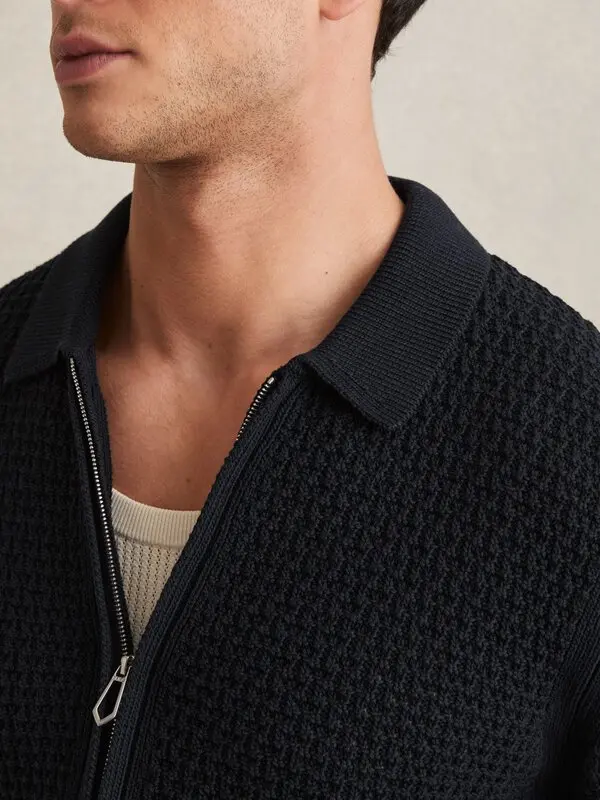 REISS Comet Textured-knit Zip-through Shirt - Navy