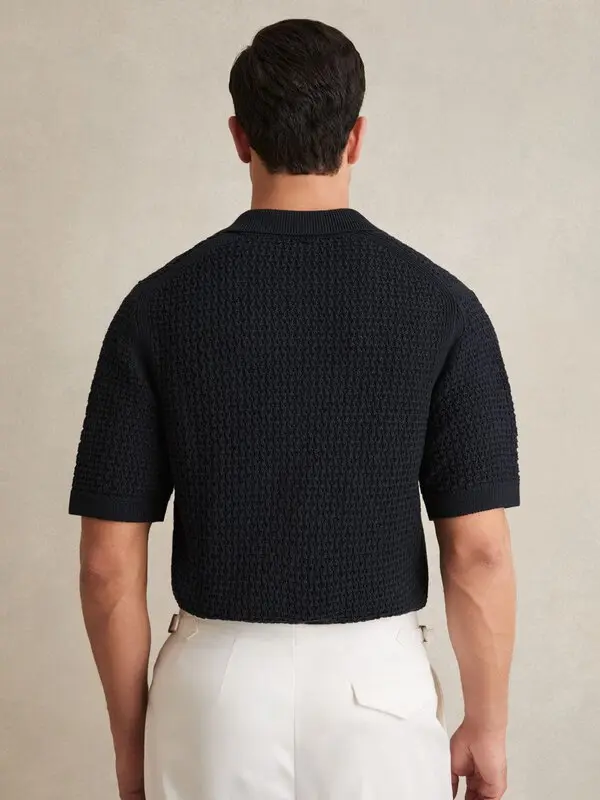 REISS Comet Textured-knit Zip-through Shirt - Navy