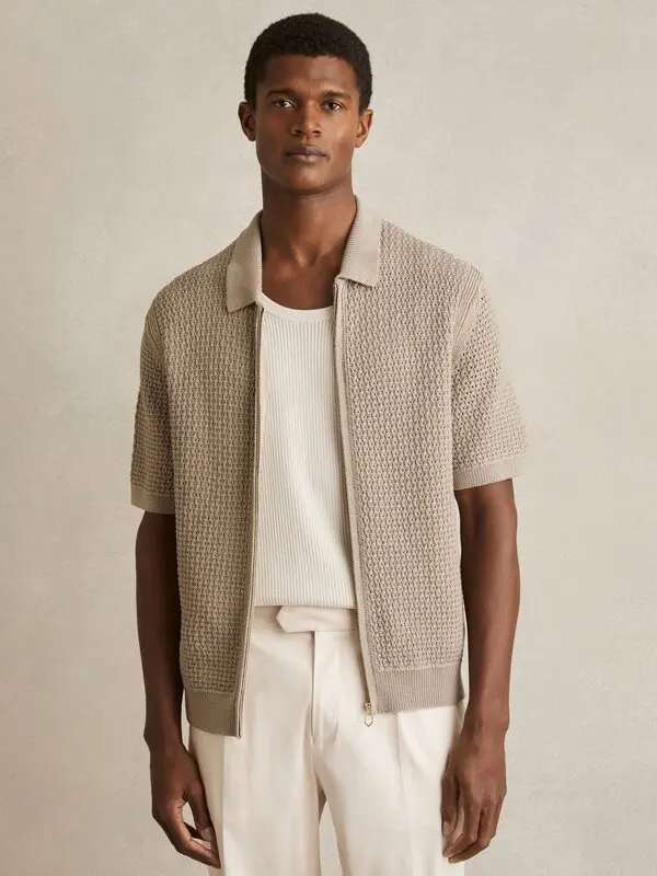 REISS Comet Textured-knit Zip-through Shirt - Stone