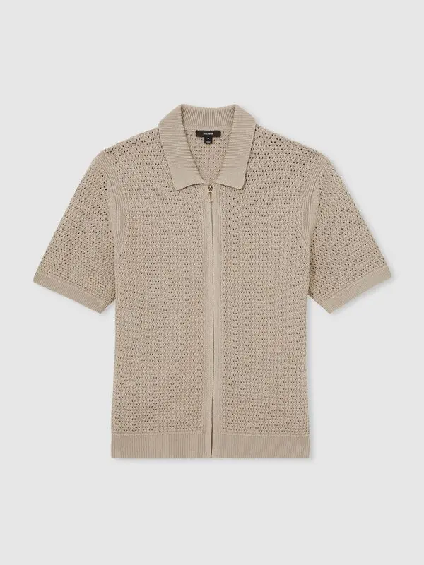 REISS Comet Textured-knit Zip-through Shirt - Stone