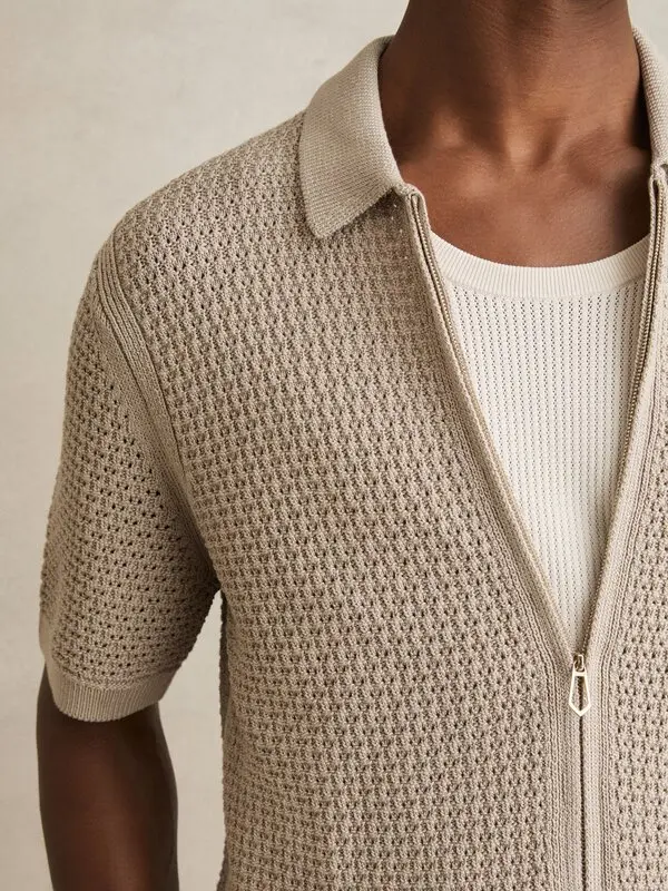 REISS Comet Textured-knit Zip-through Shirt - Stone